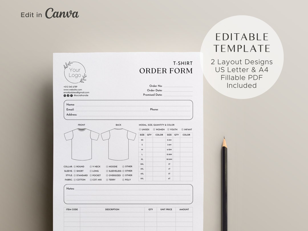 Editable Tshirt Order Form Template Fillable PDF Shirt Order - Etsy