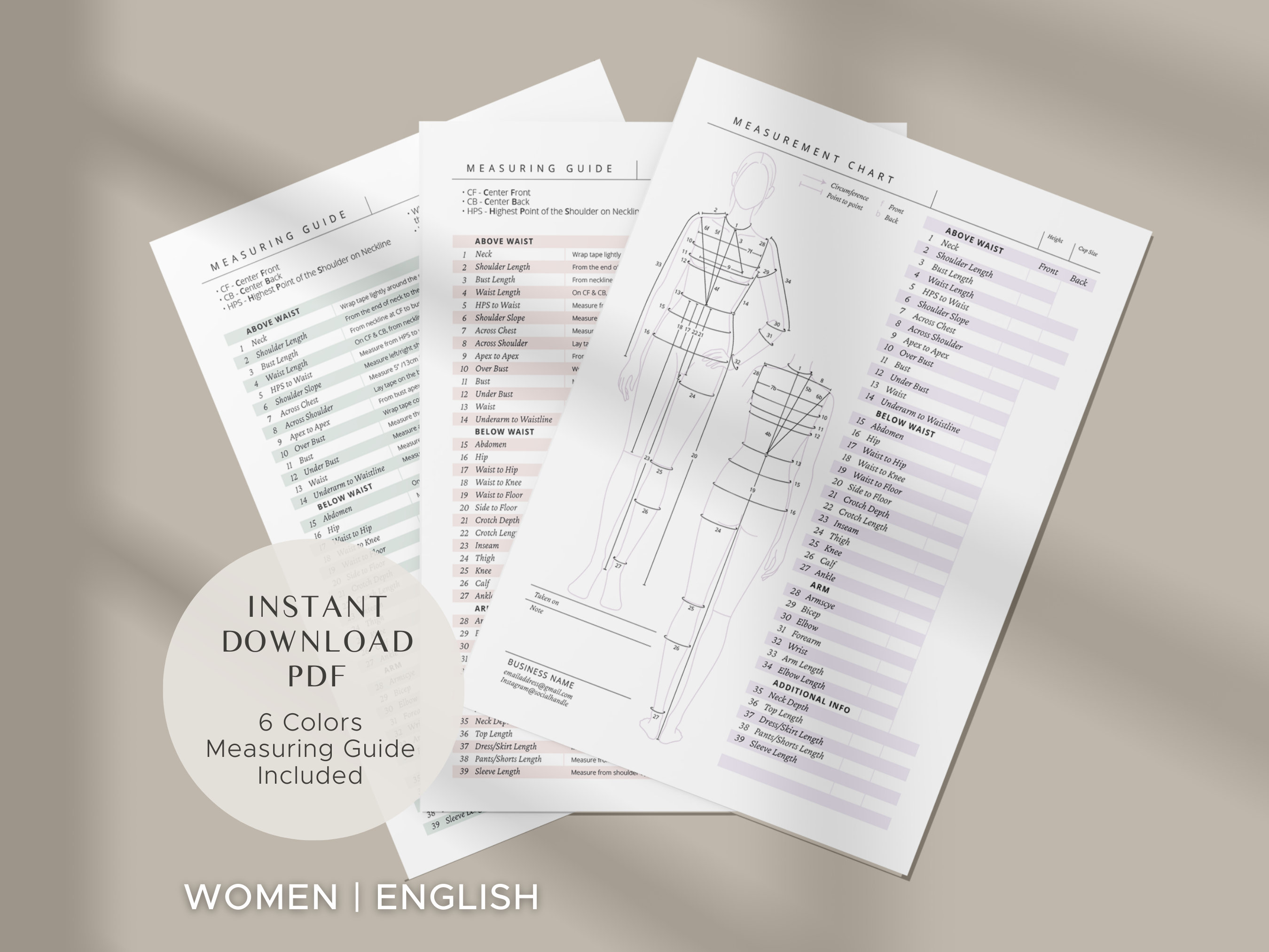 Printable Body Size Chart | Fillable Women Measurement Template | Light ...