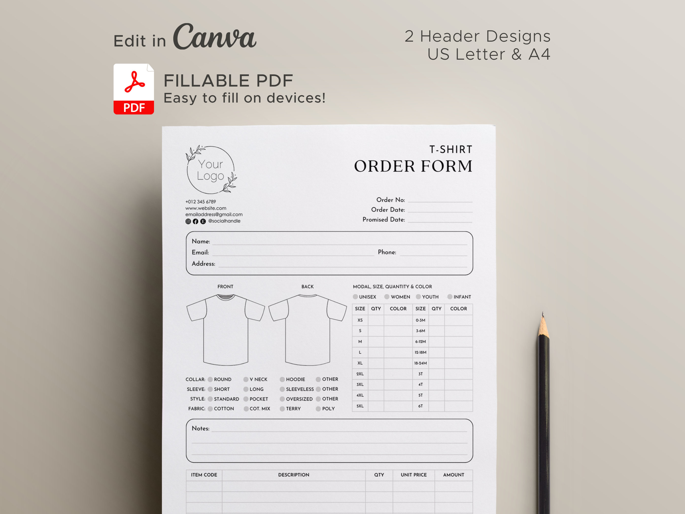 Editable Tshirt Order Form Template | Fillable PDF Shirt Order Form ...