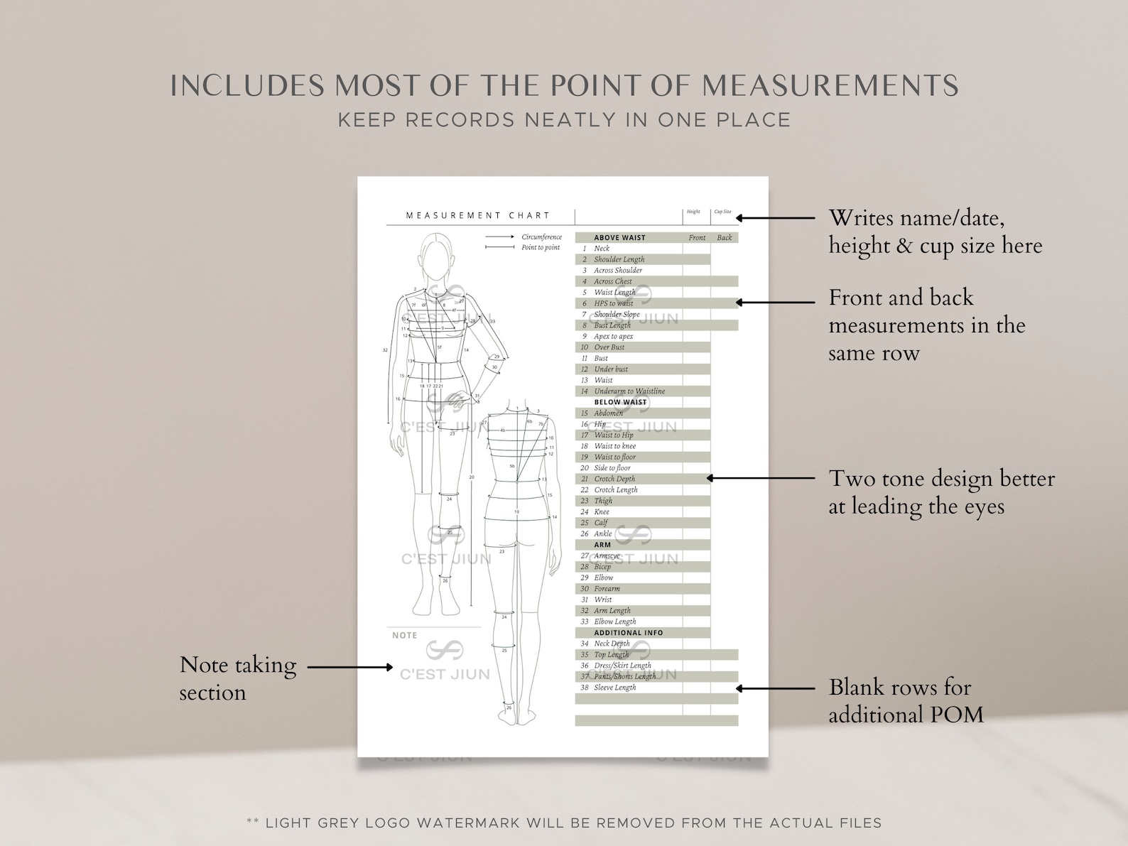 Printable Body Size Chart Fillable Women Measurement - Etsy