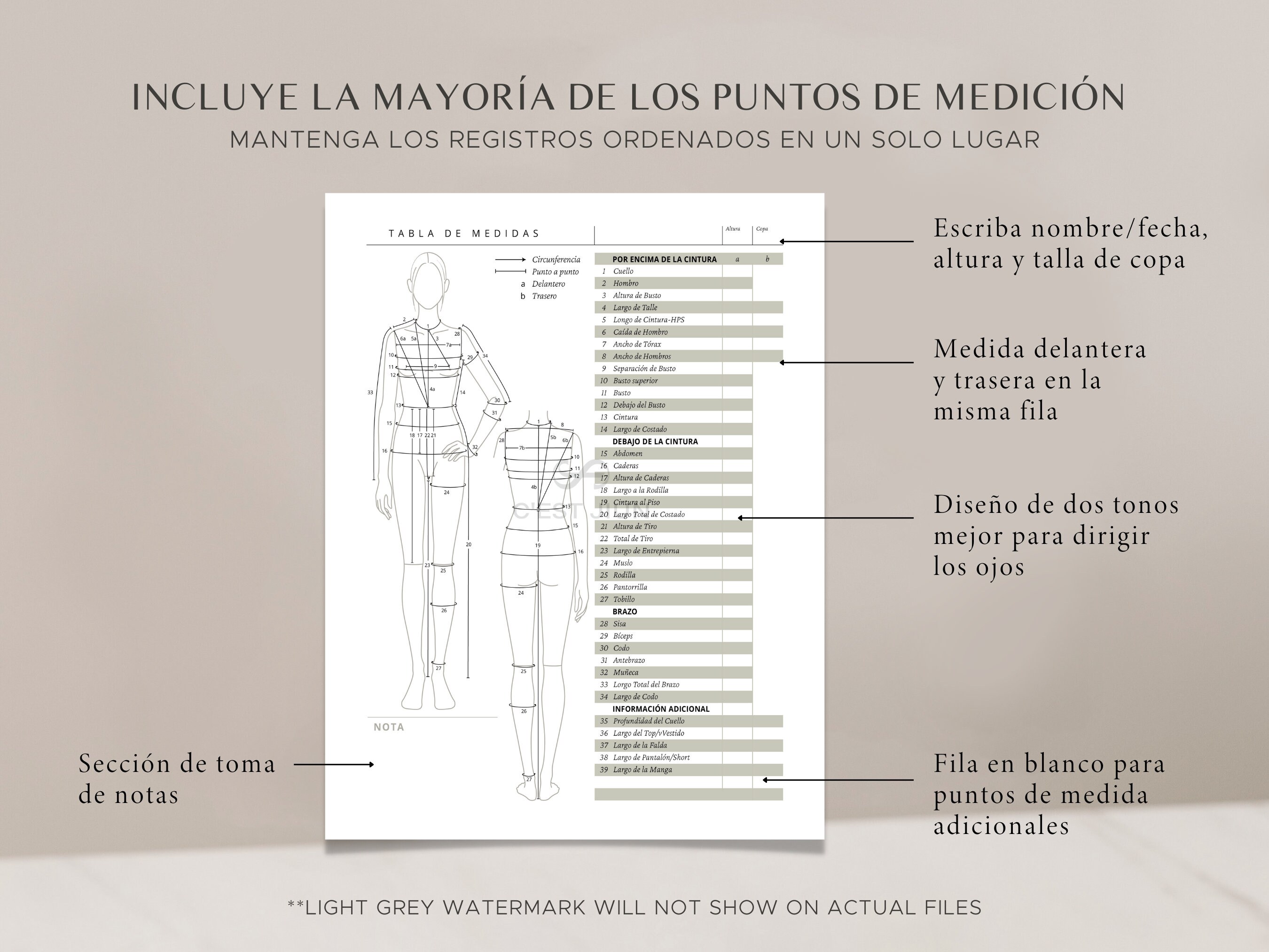 Printable Measurement Sheet Spanish | Fillable PDF Women Size Chart ...