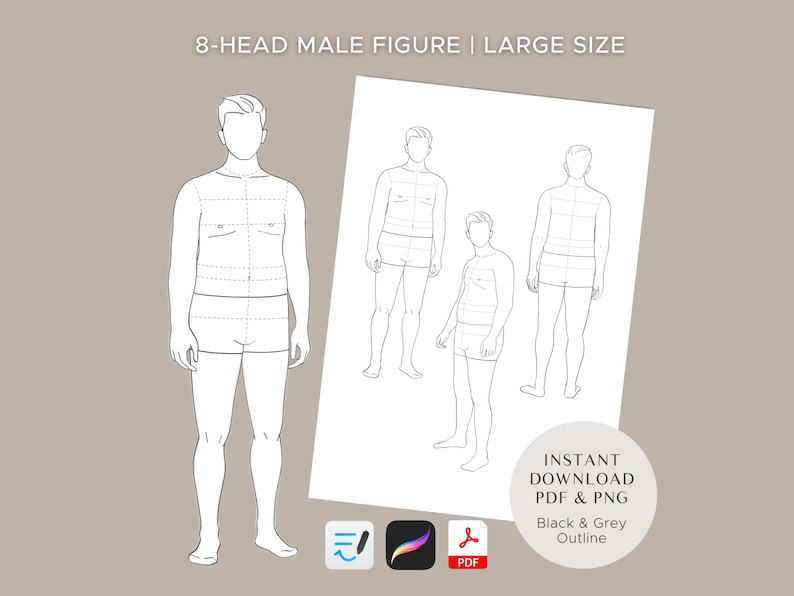 Male Figure Croquis Template: Large Size Men Fashion Sketching Base ...