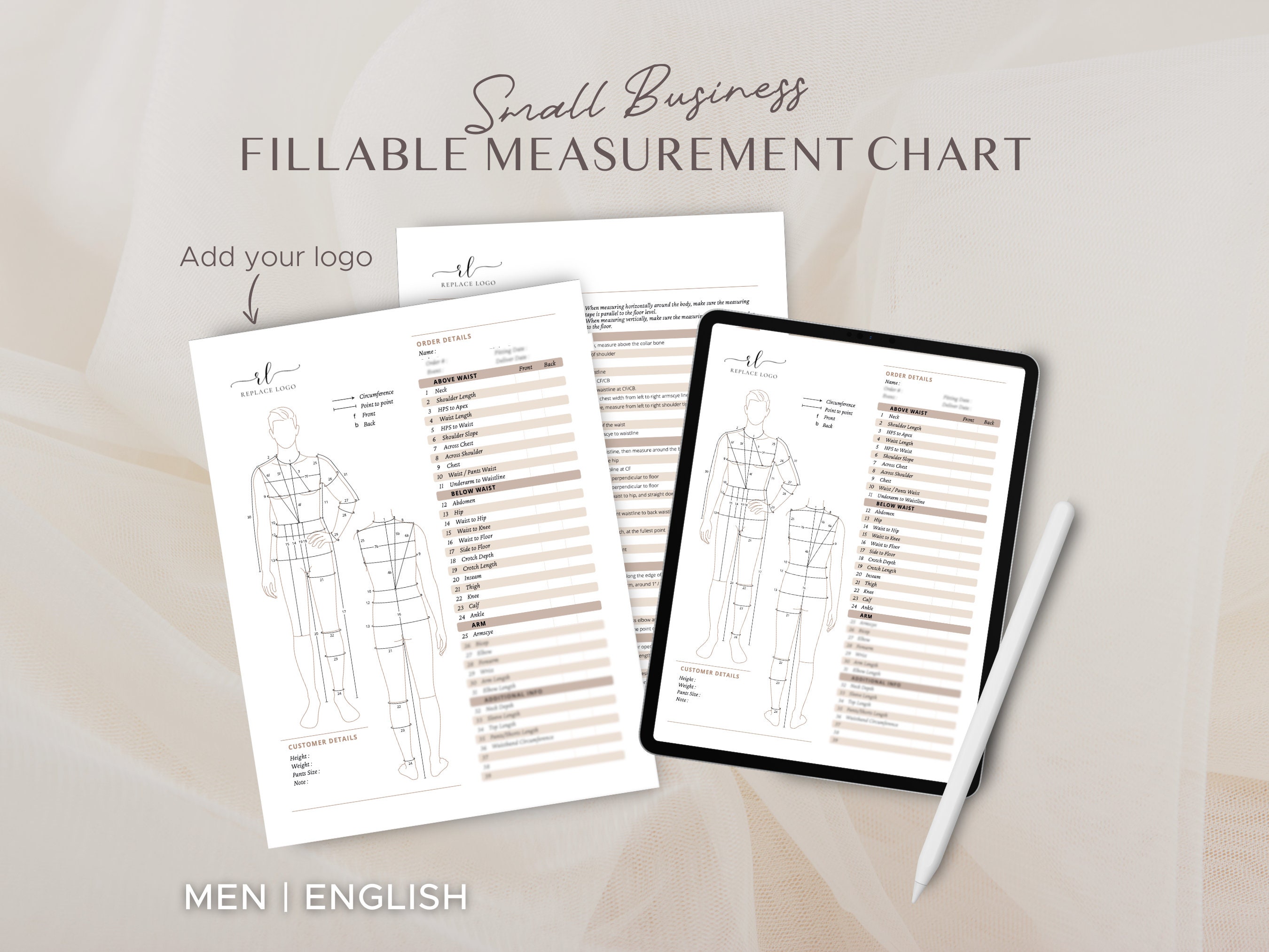 Men's Body Measurement Form PDF: Fillable Chart With Logo (US Letter ...