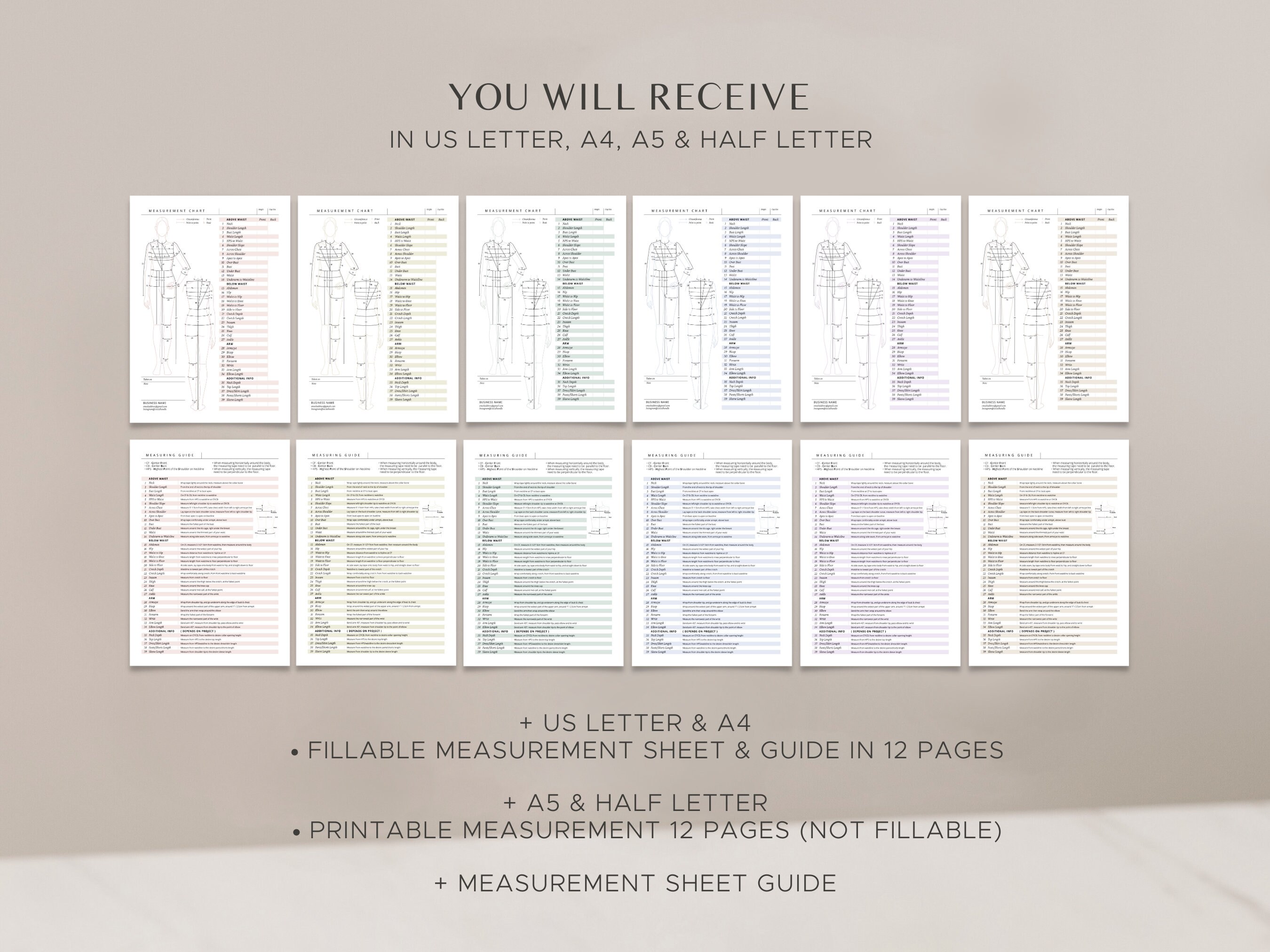 Printable Body Size Chart | Fillable Women Measurement Template | Light ...