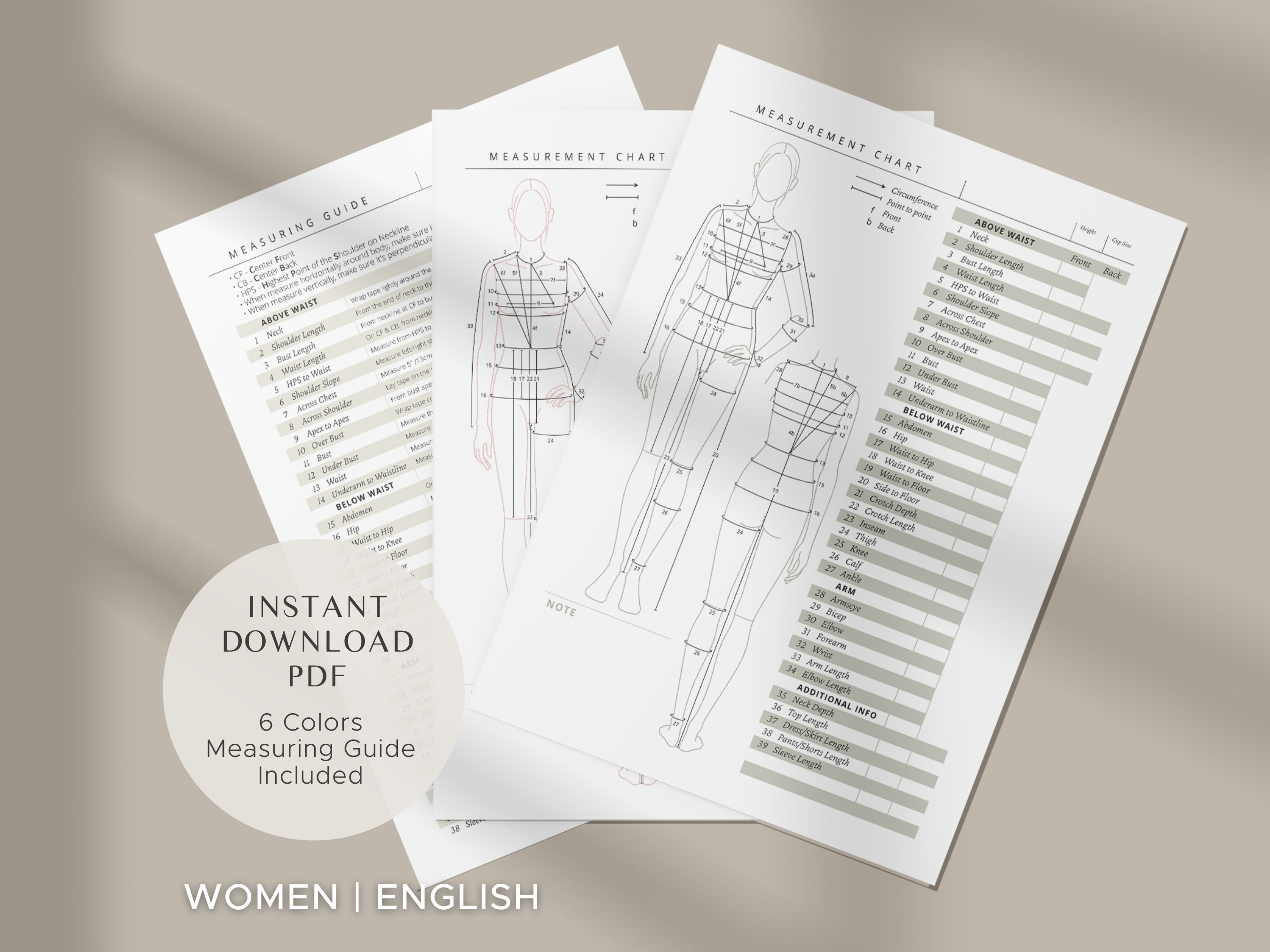 Printable Measurement Sheet Fillable PDF Women Size Chart Template How ...
