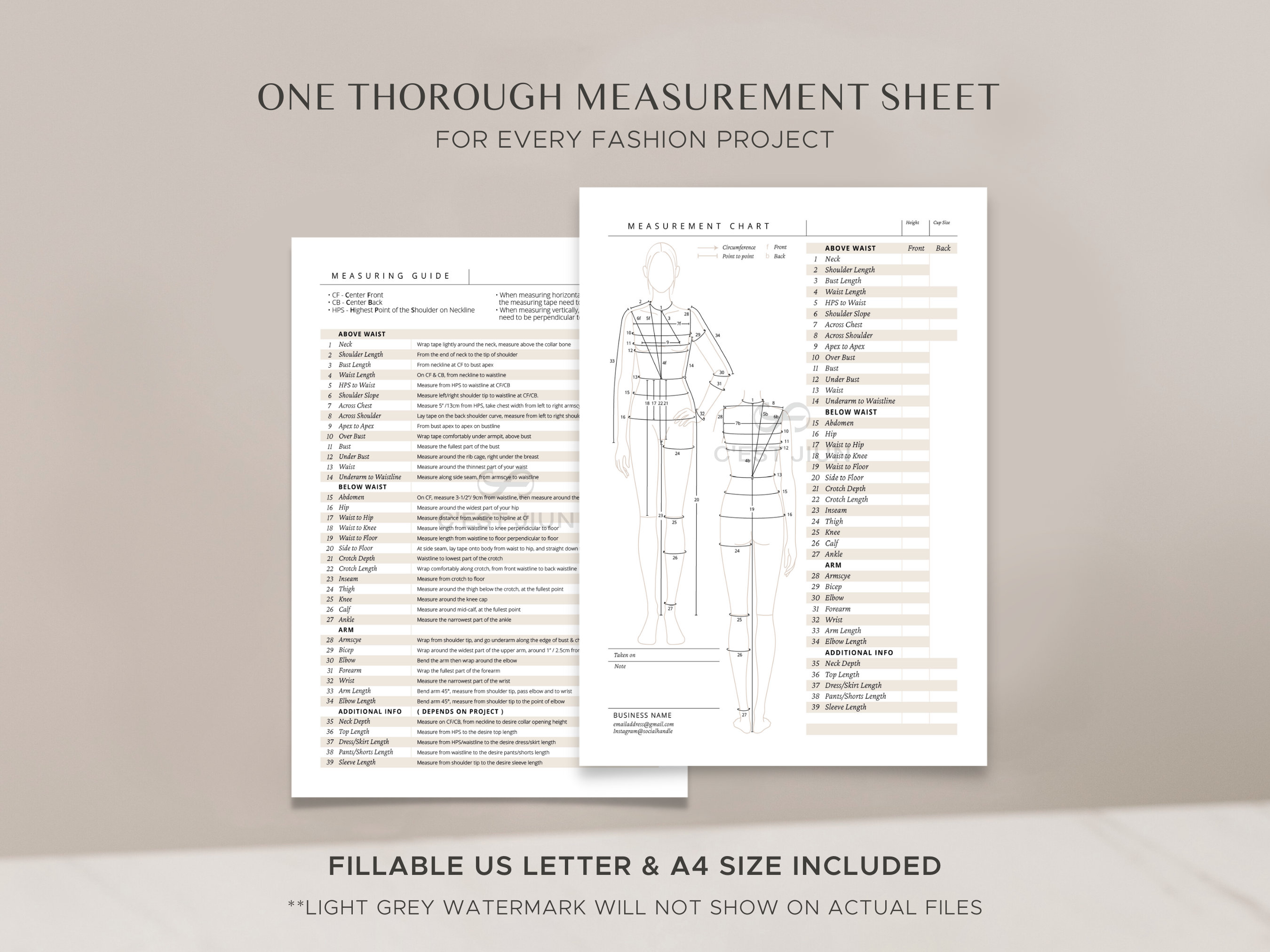 Printable Body Size Chart Fillable Women Measurement Template Light ...