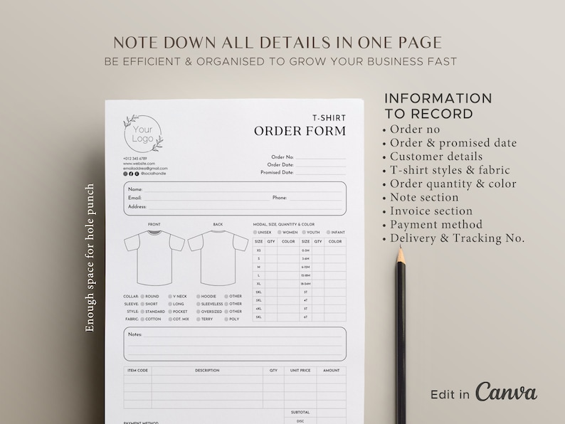 Editable T-shirt Order Form Template: Small Business Invoice (fillable ...