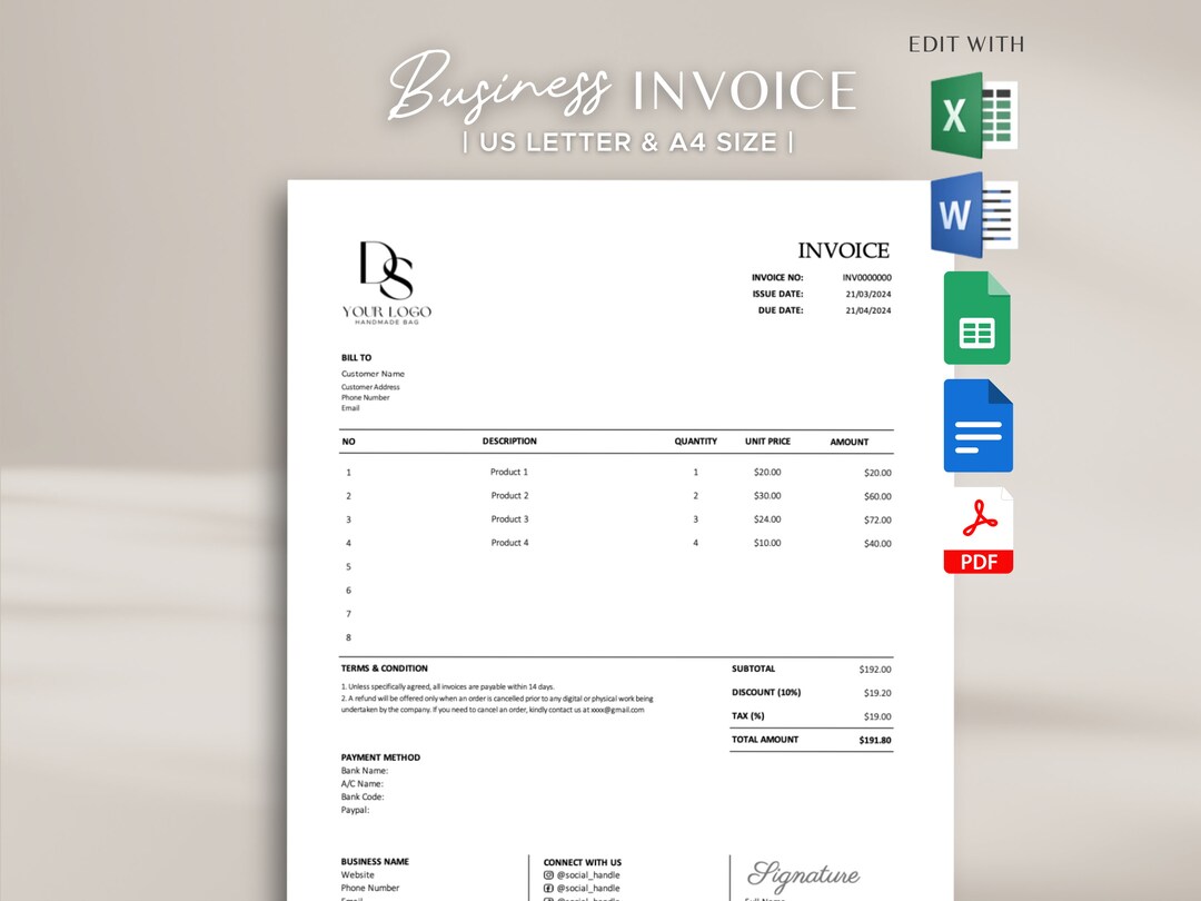 Editable Invoice Template for Small Business With Logo | PDF, Google ...