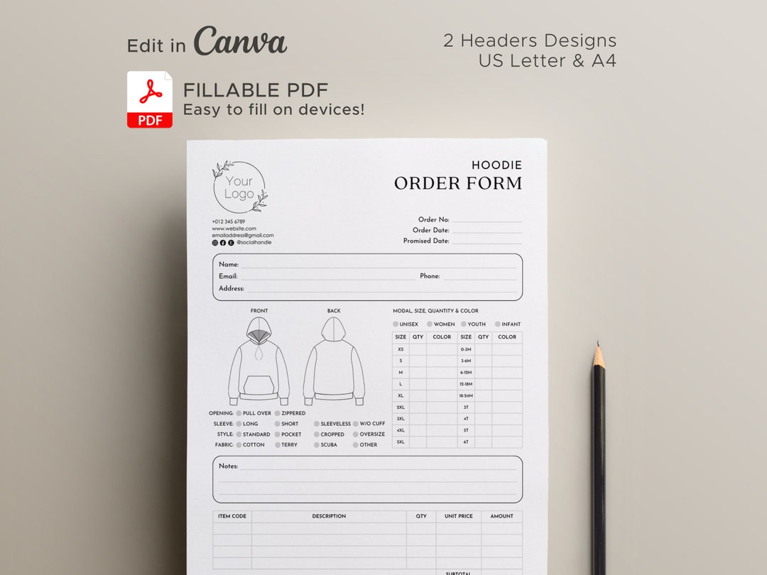Canva Hoodie Order Form Template | Fillable PDF Shirt Order Form ...
