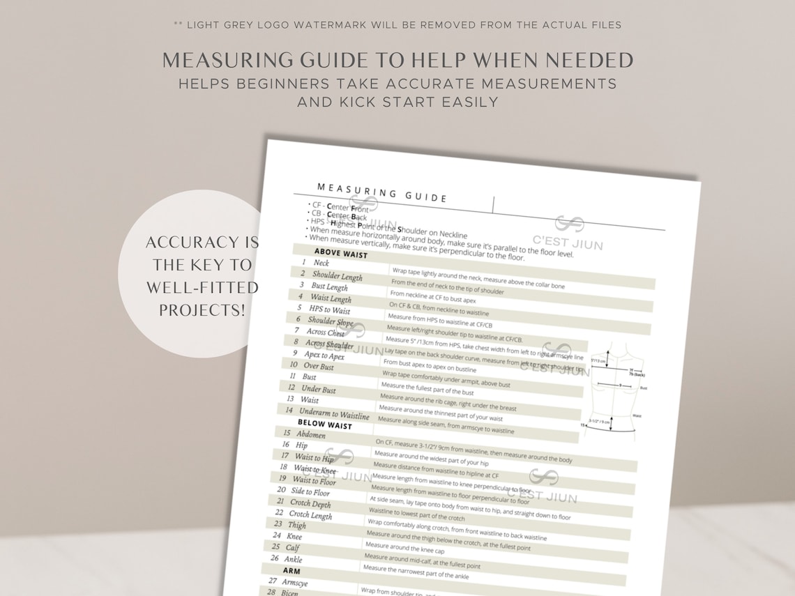 Printable Measurement Sheet Fillable PDF Women Size Chart - Etsy