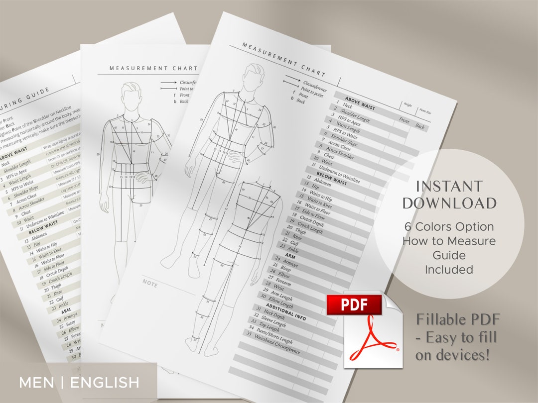 Printable Men Body Size Chart Fillable Men Measurement Form - Etsy