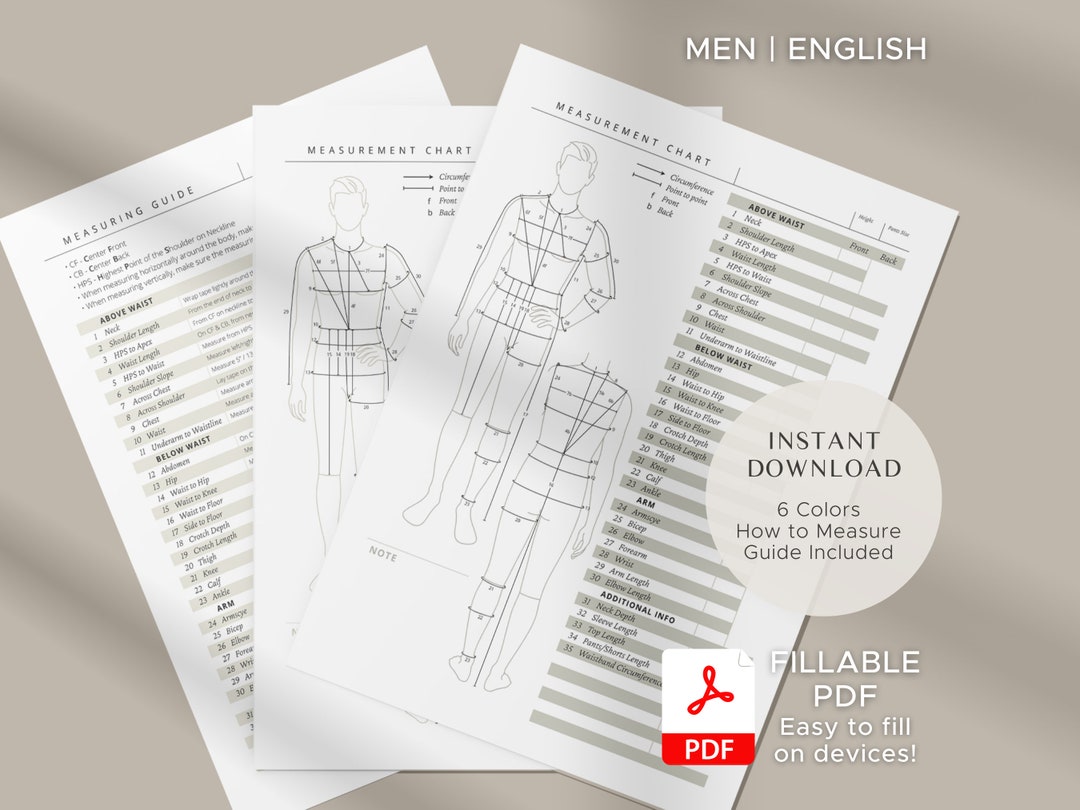 Printable Men Body Size Chart | Fillable Men Measurement Form | PDF ...