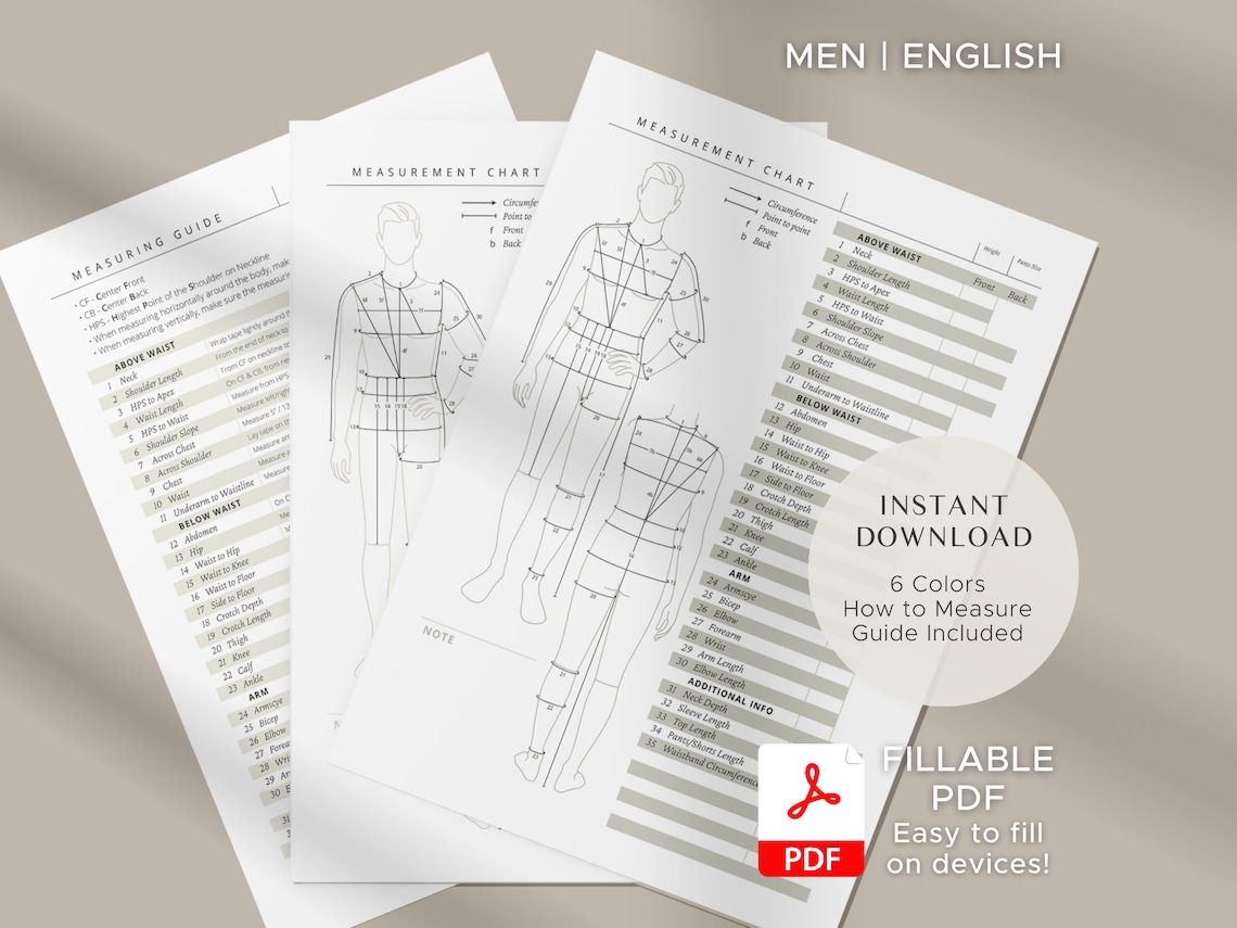 Printable Men Body Size Chart | Fillable Men Measurement Form | PDF ...