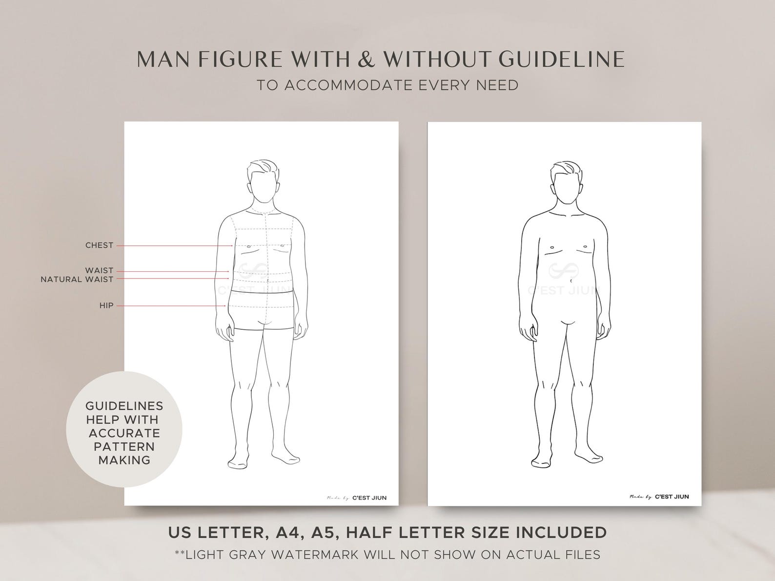 Male Figure Croquis Template: Large Size Men Fashion Sketching Base ...