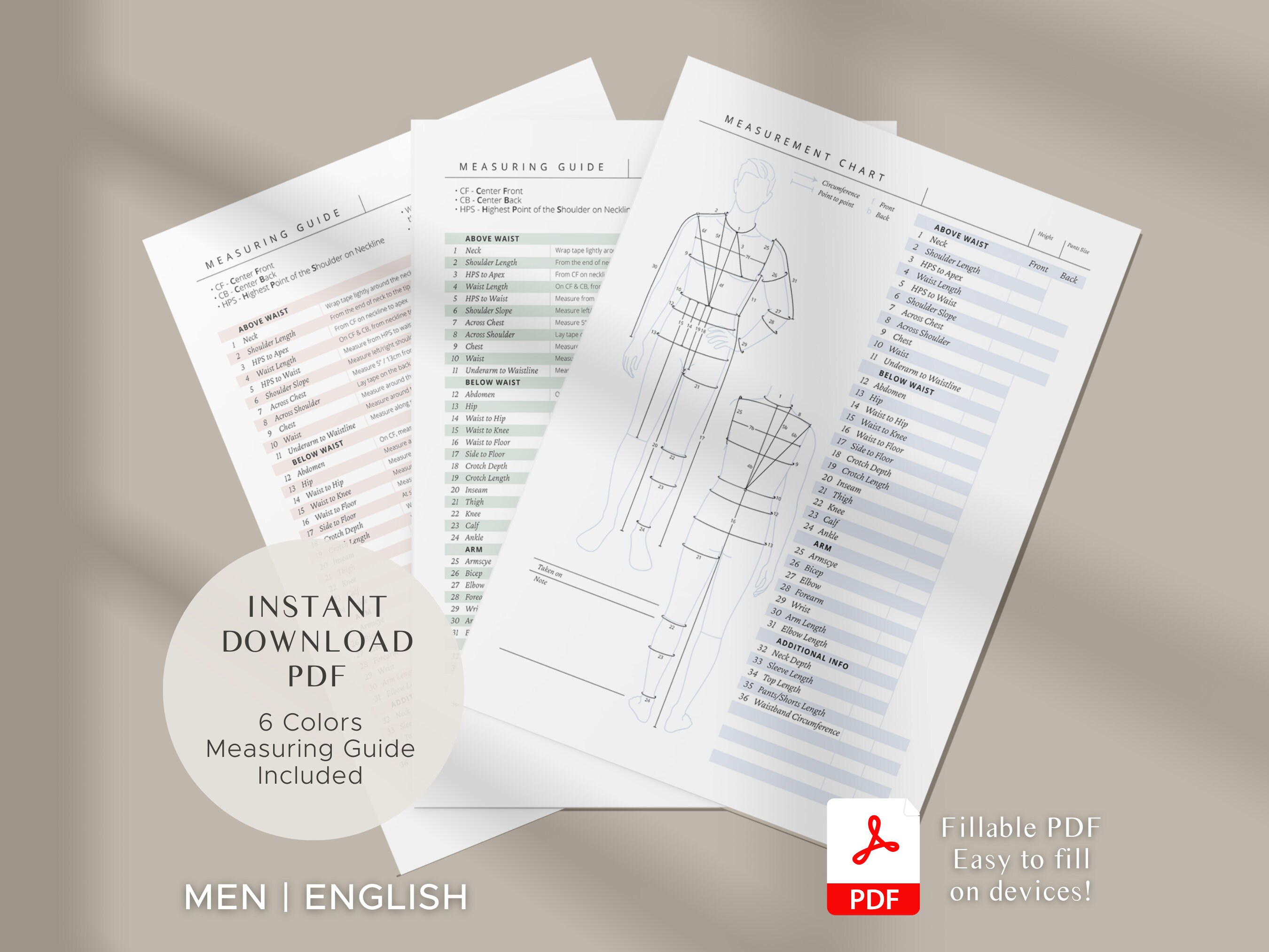 Printable Men Body Size Chart | Pastel Fillable Men Measurement Form ...