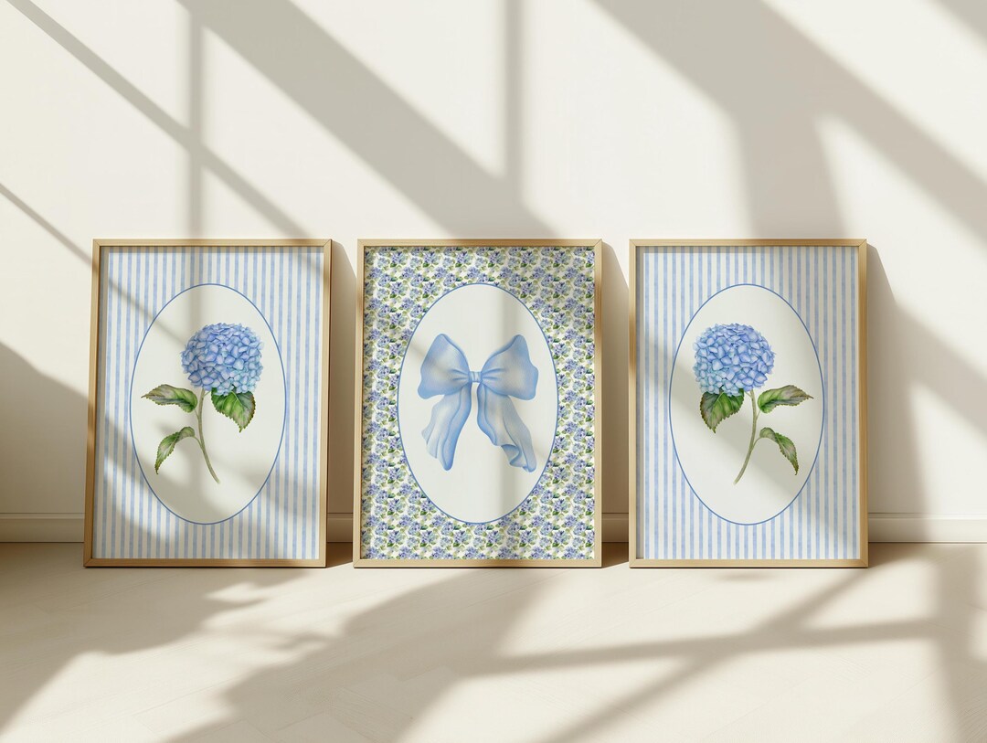 Blue Hydrangea Coquette Bow Watercolor Print Set of 3, Grandmillenial ...