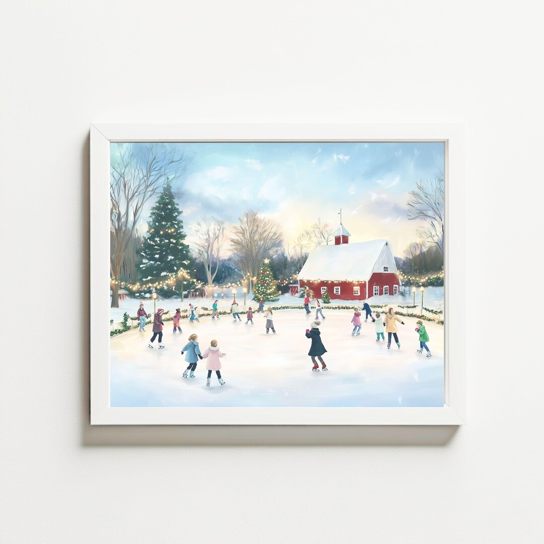Christmas Ice Skating Rink Art Print: Holiday Winter Scene Wall Decor ...