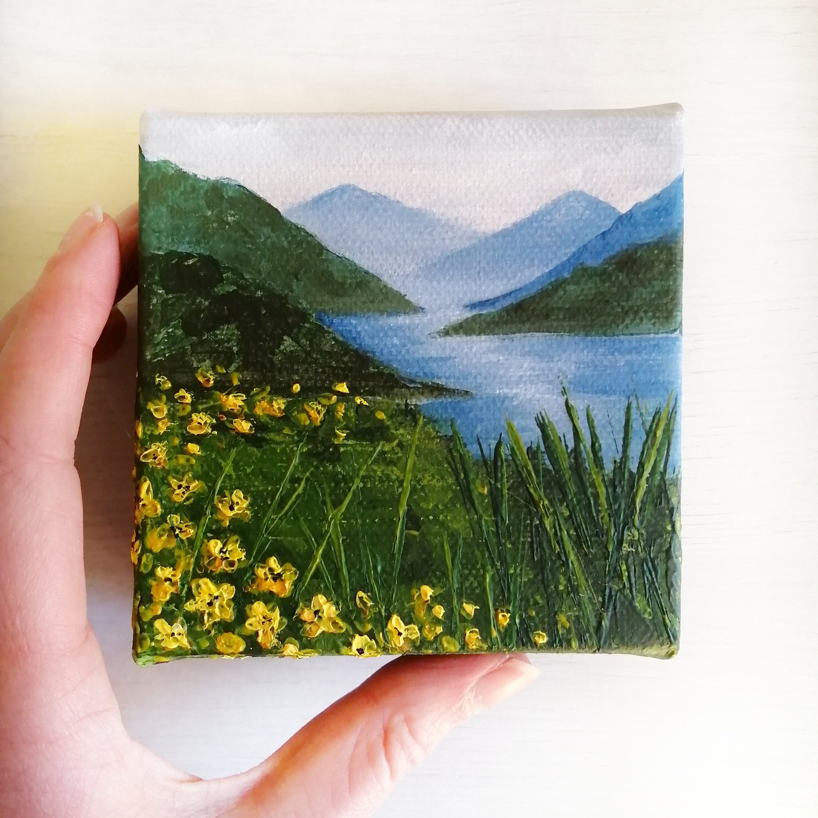 4x4" Original Artwork, Acrylic Landscape, Box Canvas, Yellow Flower ...