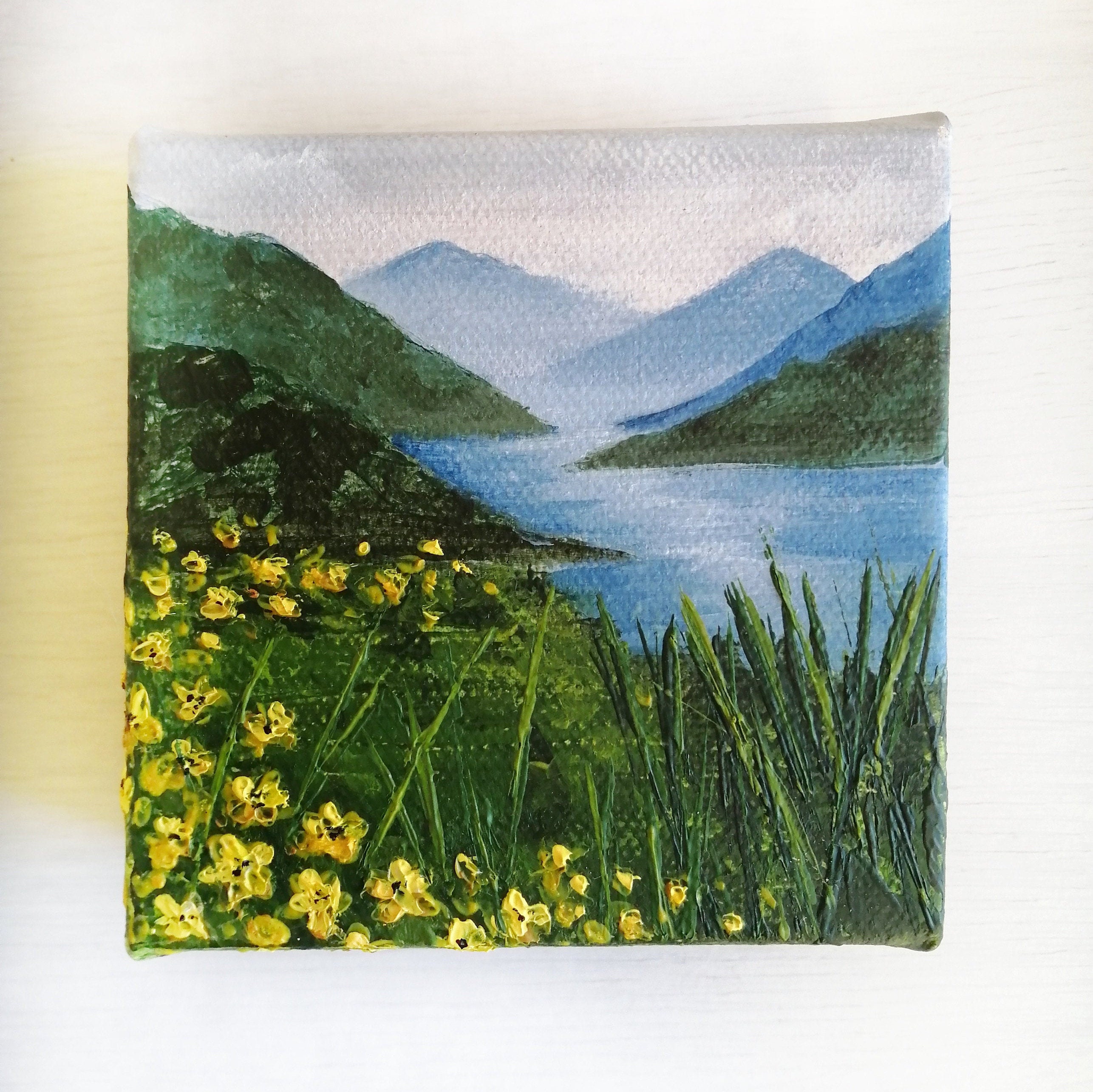 4x4 Original Artwork, Acrylic Landscape, Box Canvas, Yellow Flower ...
