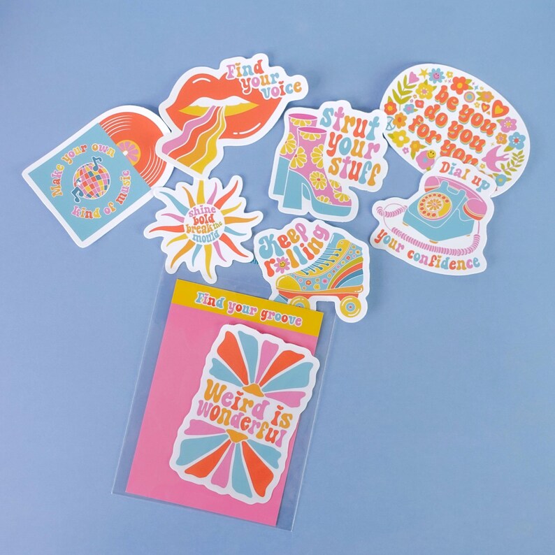 Find Your Groove Retro Sticker Pack - 8 Waterproof Stickers, Empowering ...