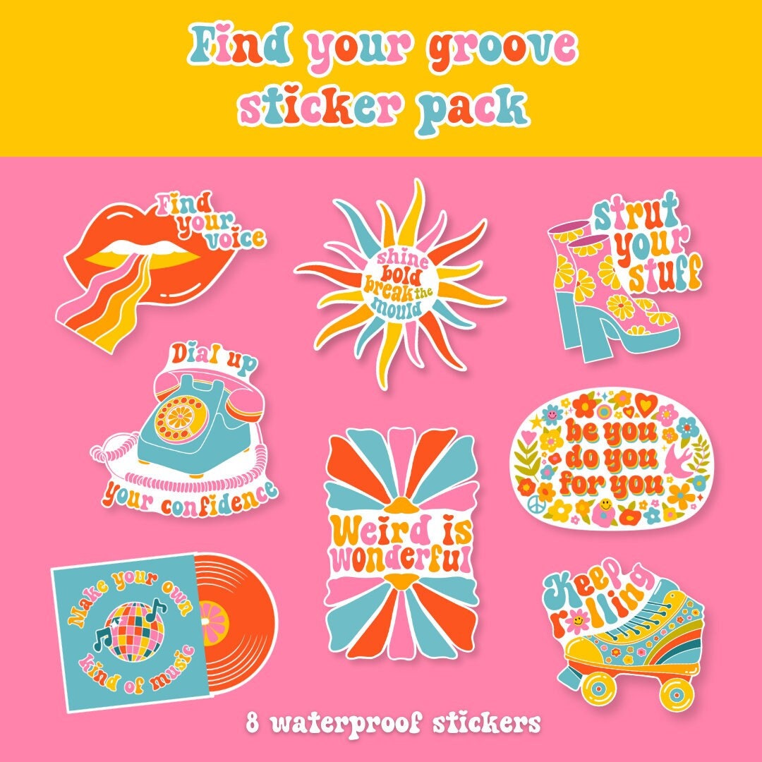 Find Your Groove Retro Sticker Pack - 8 Waterproof Stickers, Empowering ...