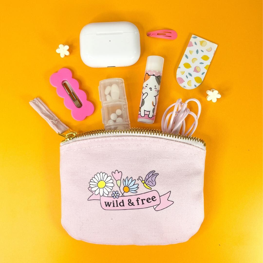 Wild and Free Mini Pouch - Pink Cotton Zip-up Pouch With Wildflower ...