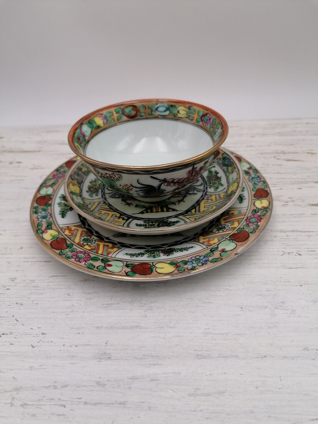 Vintage Chinese Red Rosster Decor Set, Hand-painted Asian Plates , Red ...