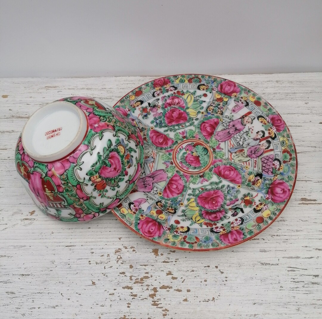 Set of Chinese Soup Bowl and Plate, Red Rose Medallion Noodle Soup Bowl ...