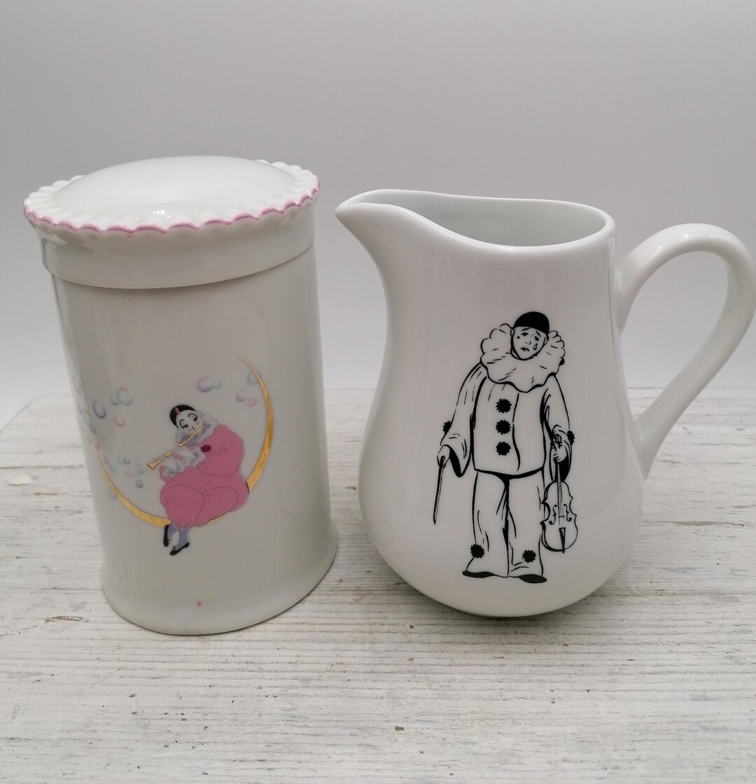 Vintage Porcelain Pierrot Decor Vase,white Milk Jar With Pierrot ...