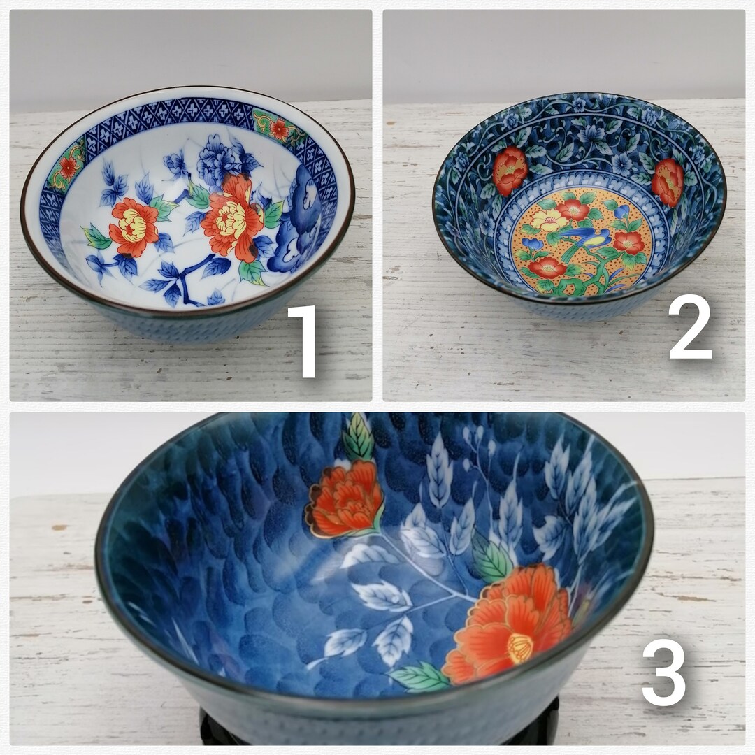 Japanese Soup Bowl, Blue Bowl With Red Flowers Decor, Asian Porcelain ...
