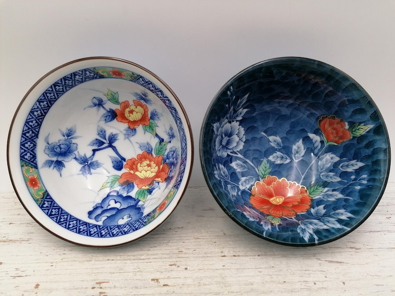 Japanese Soup Bowl, Blue Bowl With Red Flowers Decor, Asian Porcelain ...