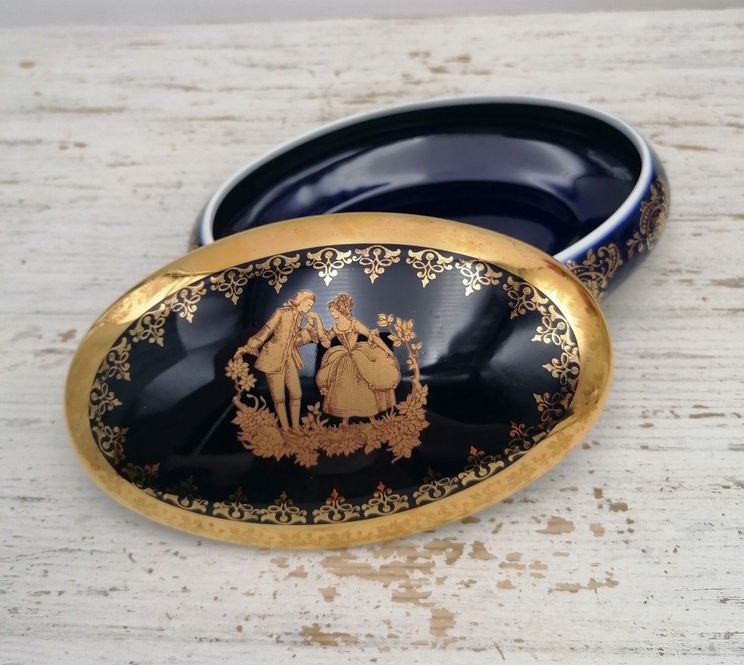 Vintage Porcelain Oval Jewelry Box, Cobalt Colour Porcelain Box With ...