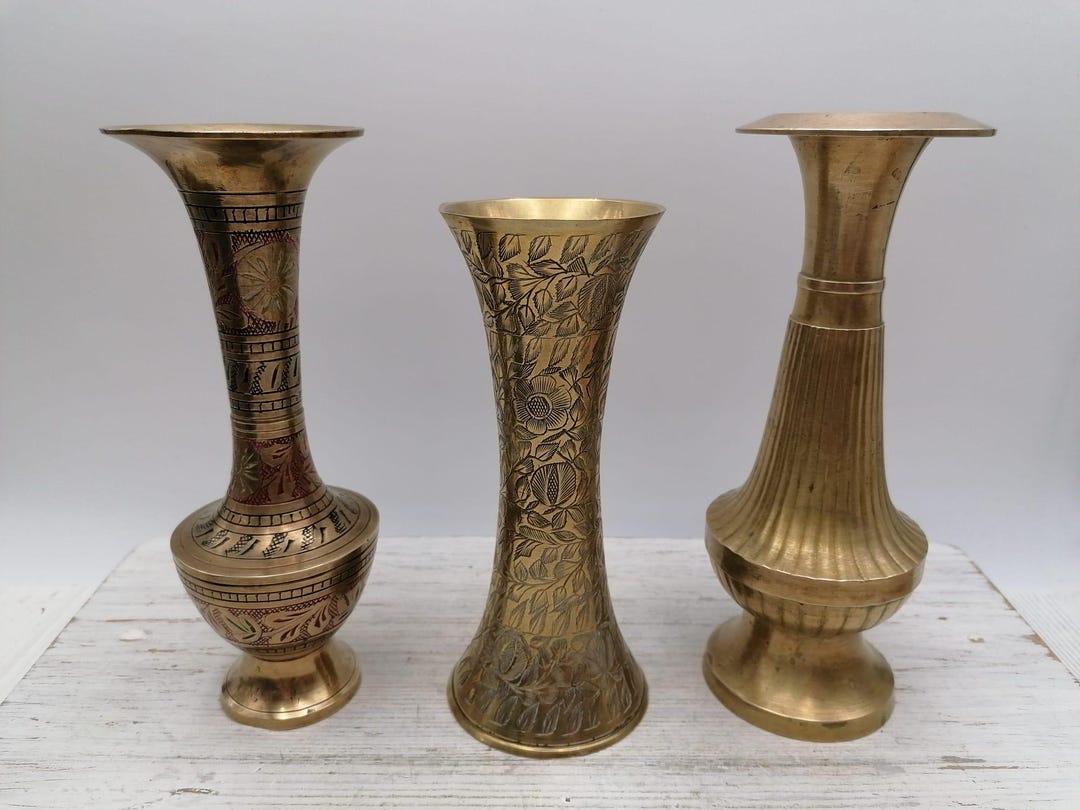 Vintage Brass Indian Style Vase, Hand Carved Vase, Gold Color Brass ...