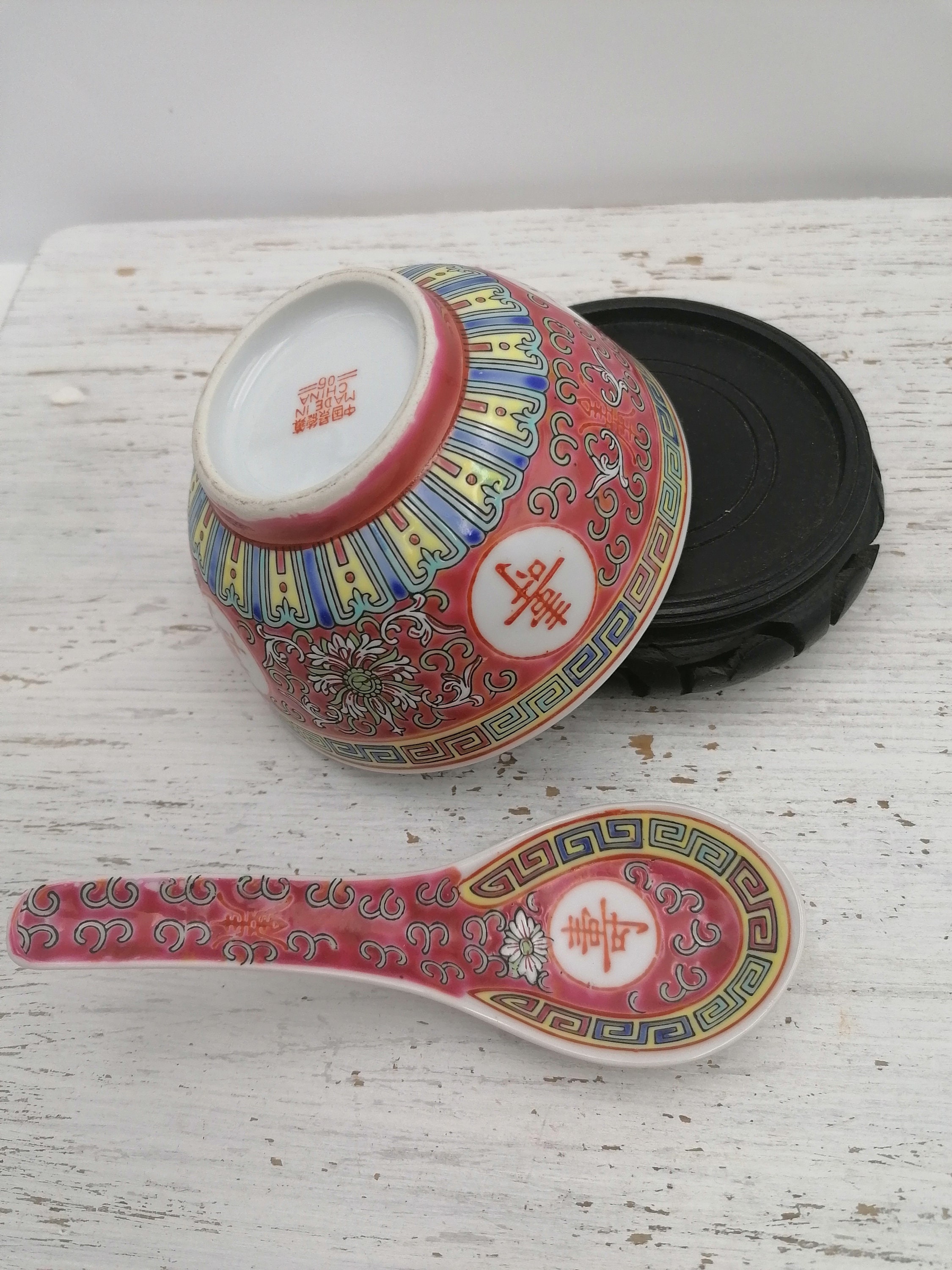 Set of Chinese Soup Bowl and Spoonred Mun Shou Chinese Noodle - Etsy