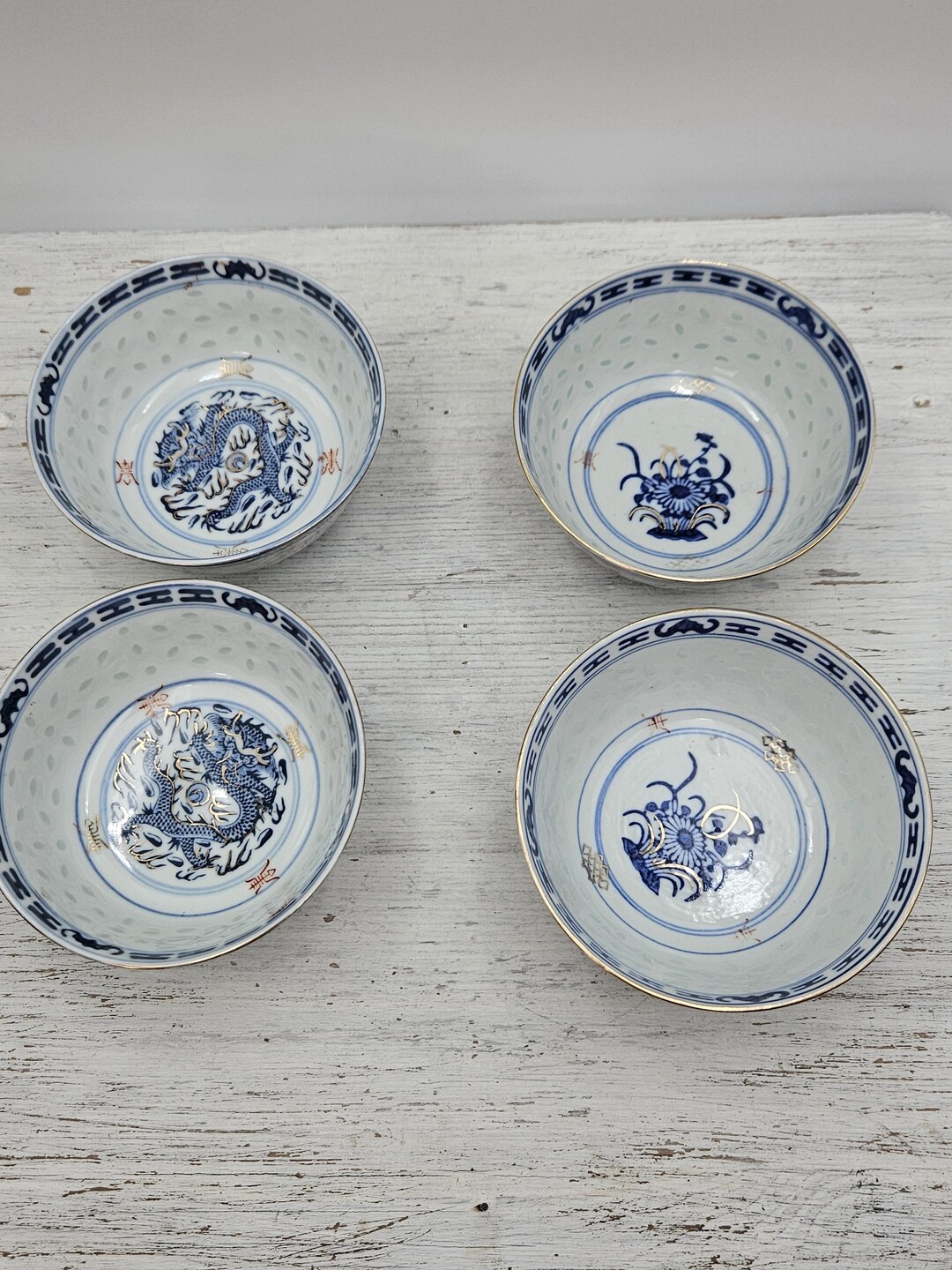 Vintage Set of 2 Chinese 4,5 " Small Bowls, Asian Rice Bowl,blue and ...