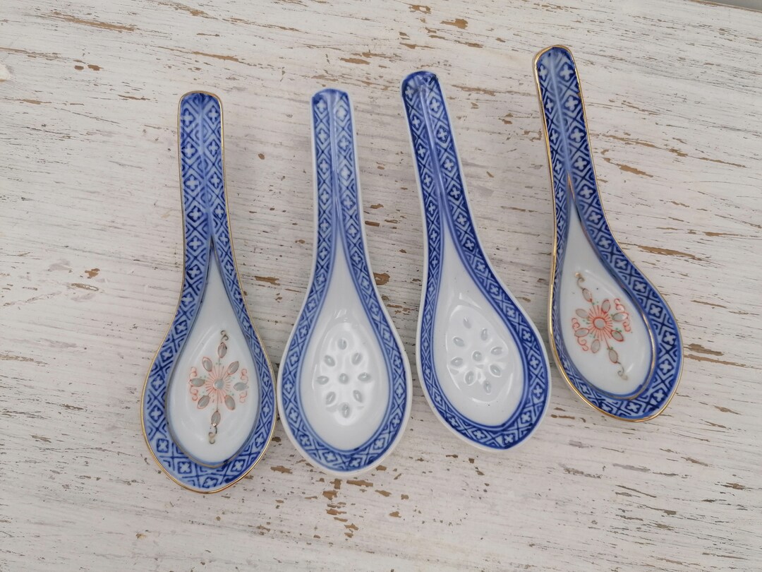Set of 4 Chinese Noodle Spoon, Vintage Porcelain Spoons, Blue and White ...