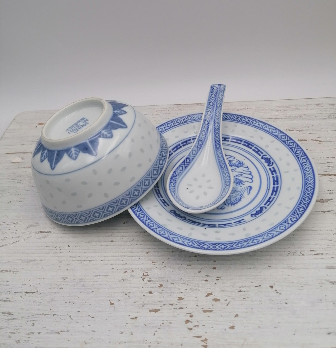 Set of Chinese Soup Bowl, Plate and Spoon, Blue Chinese Noodle Soup ...