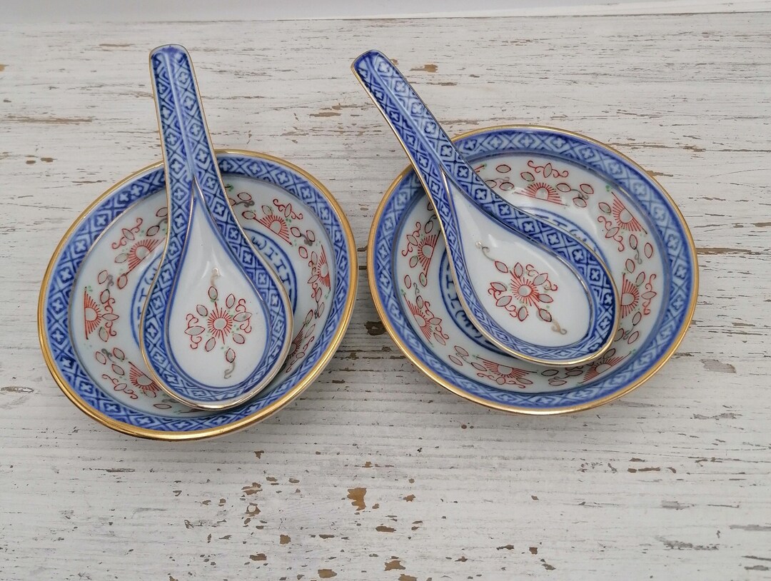 Vintage Set of 2 Chinese Small Bowl and Spoon, Set Oriental Dishes ...