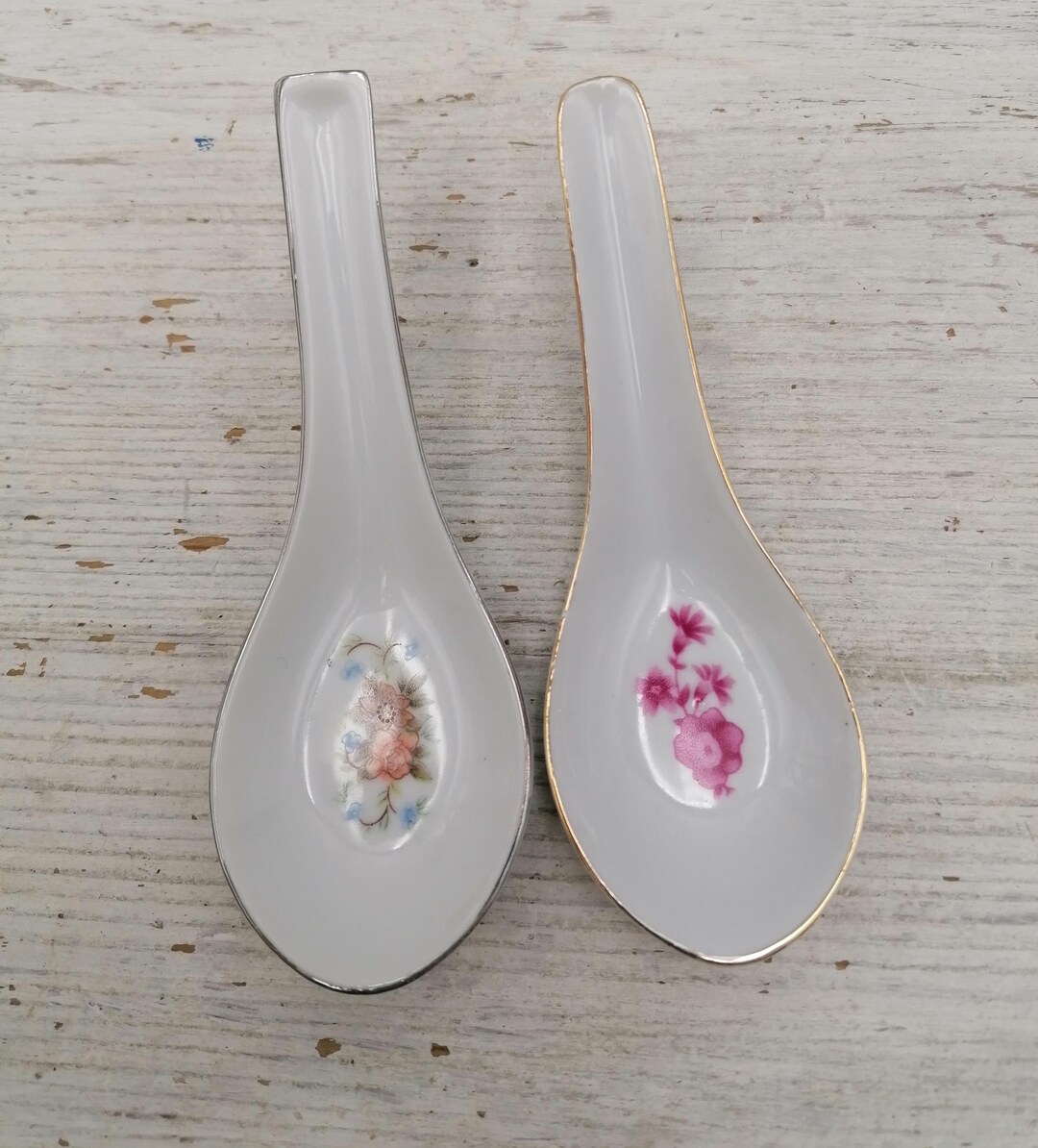 Vintage Set of 2 Porcelain Soup Spoon, Hand Painted Noodle Rice Spoon ...