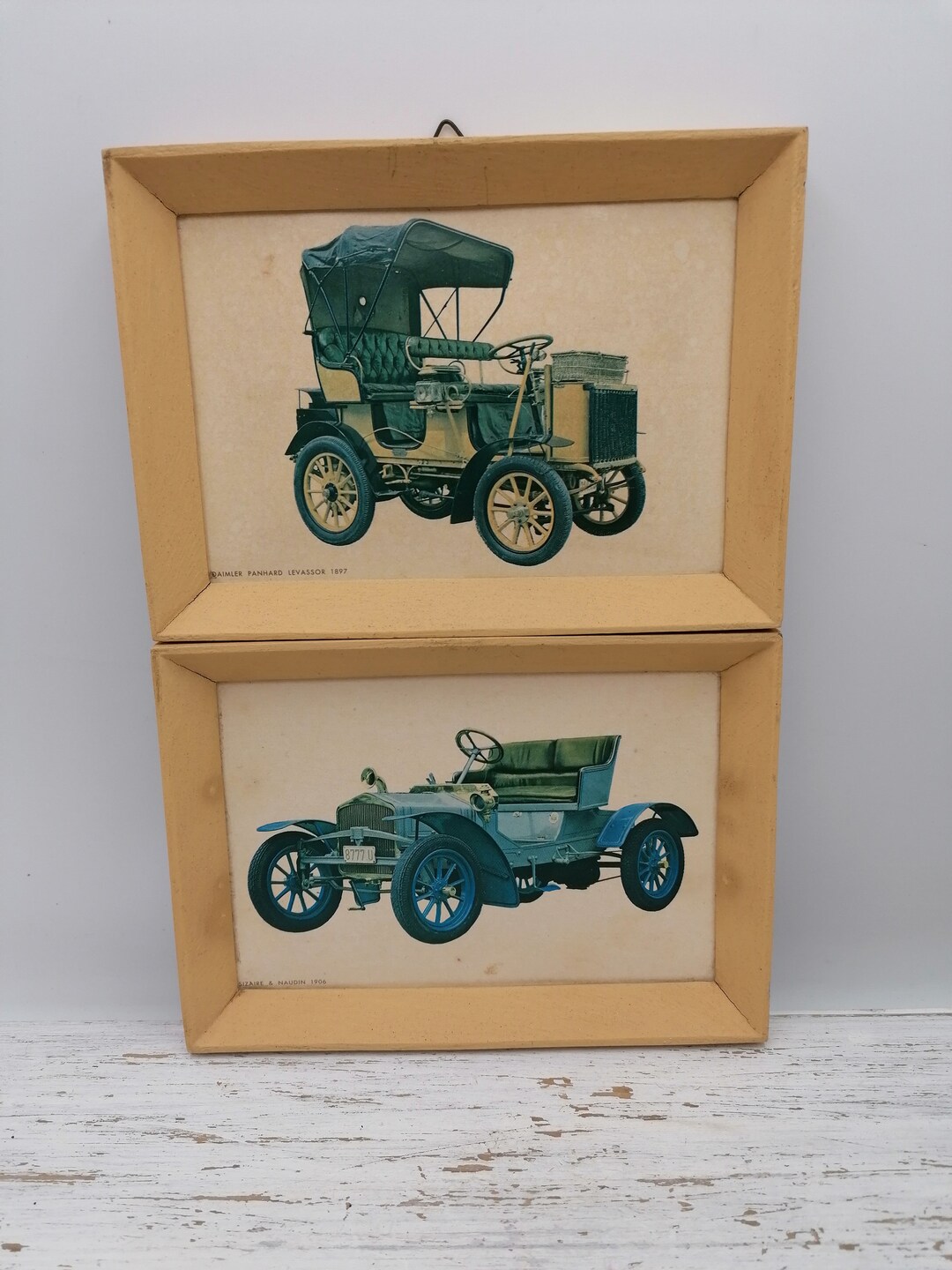 Vintage Set of 4 Wall Pictures of Old Car in Wooden Frame, Antique ...