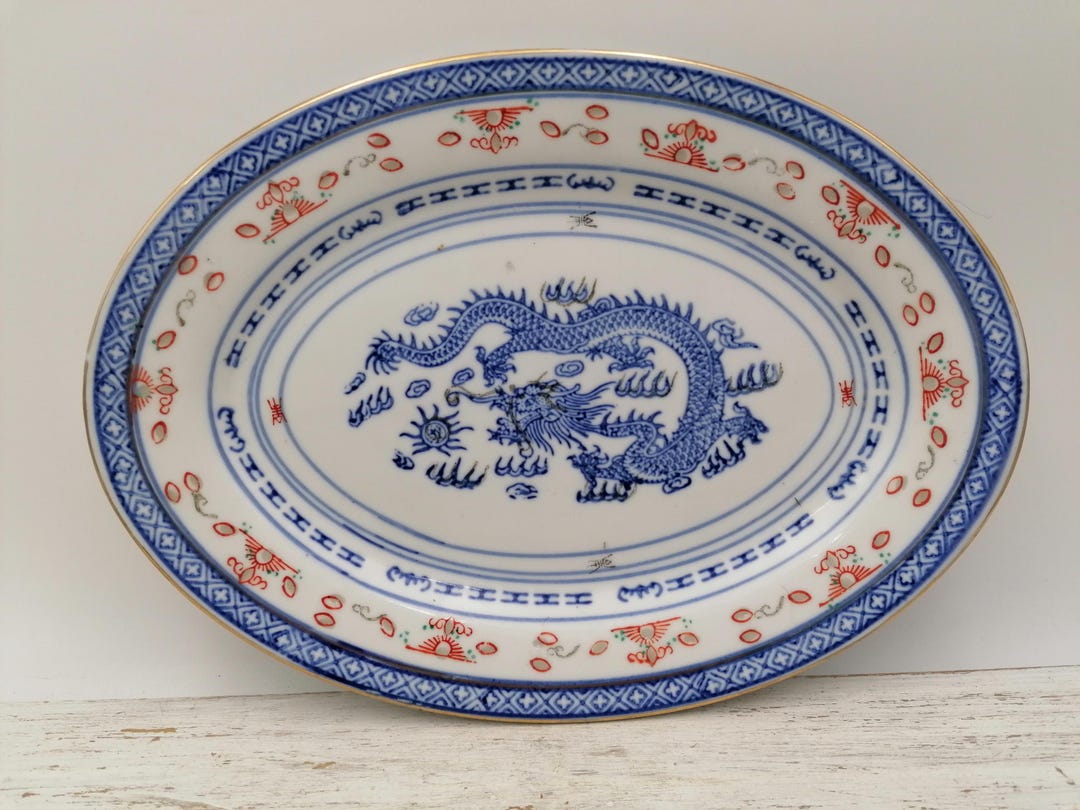 Chinese 10" Dragon Oval Plate, Chinese White and Blue Oval Plate , Big ...