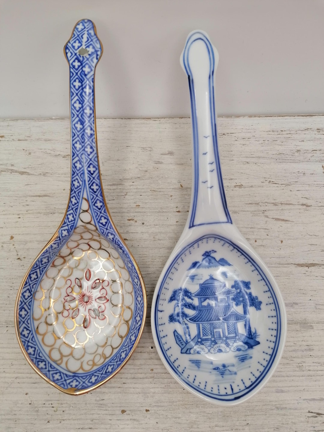 Vintage Chinese Big Rice Noodle Soup Porcelain Spoon, Chinese Blue and ...