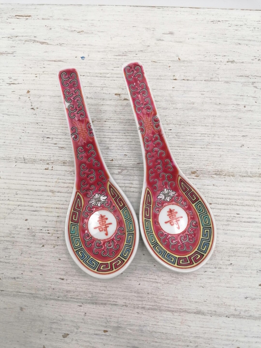 Vintage Porcelain Soup Spoons, Hand Painted Noodle Rice Spoon,red Mun ...