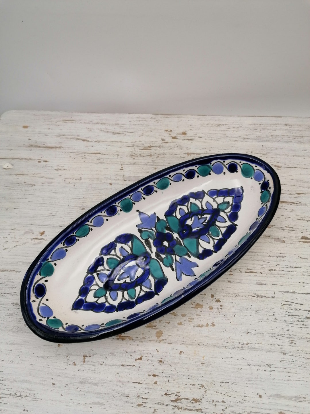 Vintage Ceramic Oval Plate Blue Flowers Decoration Plate - Etsy