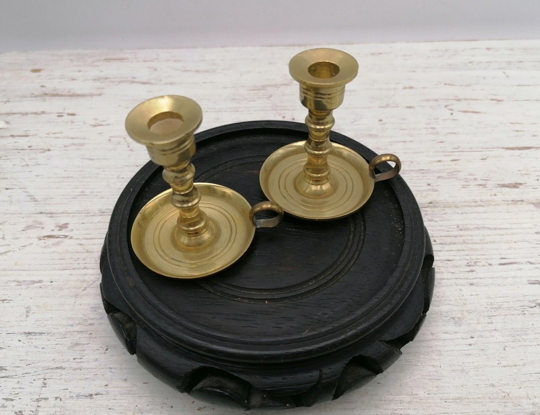 Set of 2 Small Brass Candlestick With Handle, Carved Brass Candlestick ...