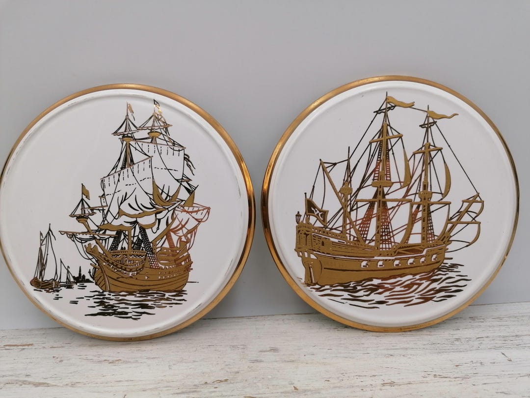 Vintage Ceramic Set for 2 Round Plate, Ceramic Plate With Brass Edge ...