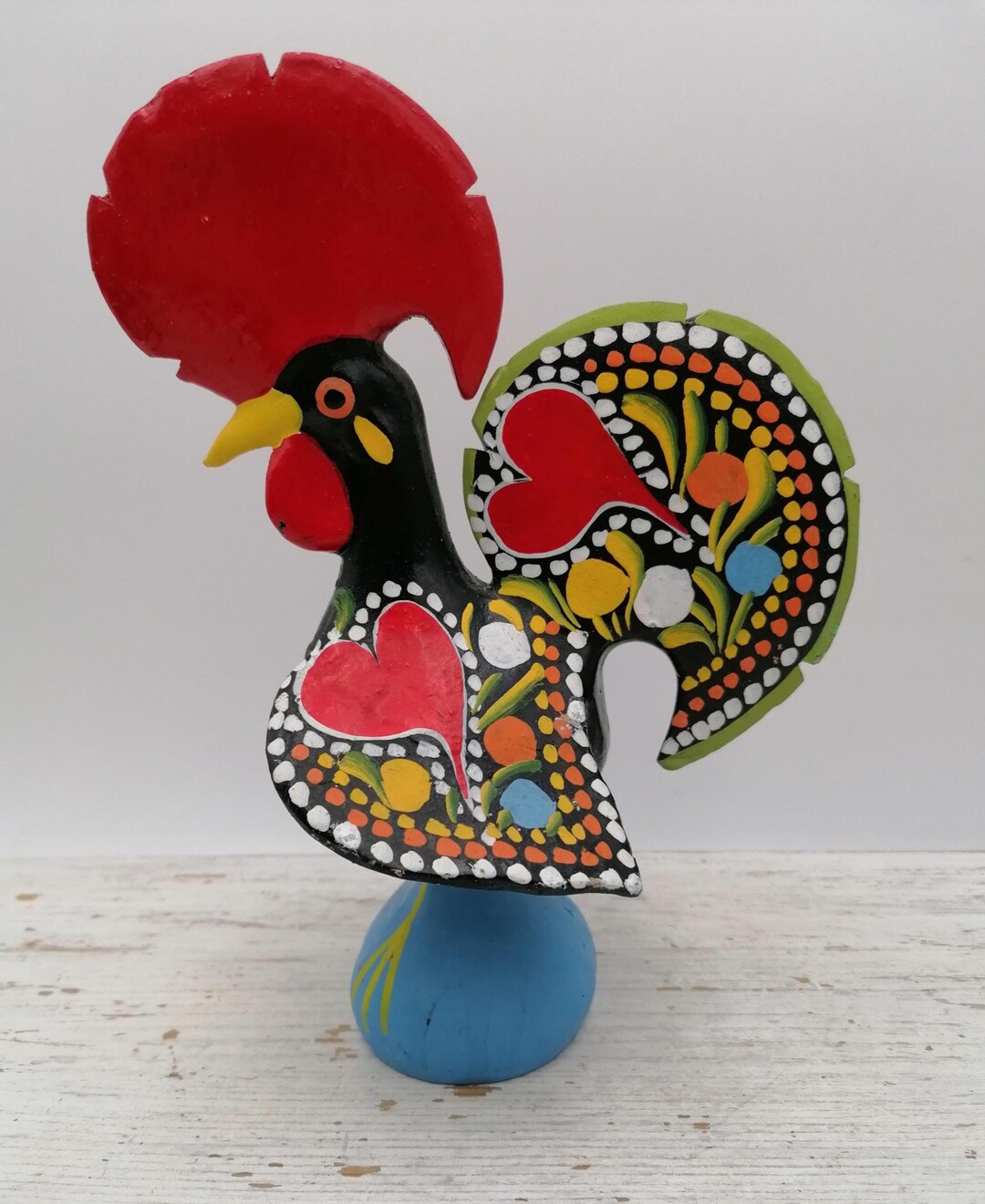 Antique Rooster Figurine/portugal Souvenir/cast Ceramic /red Hearts ...