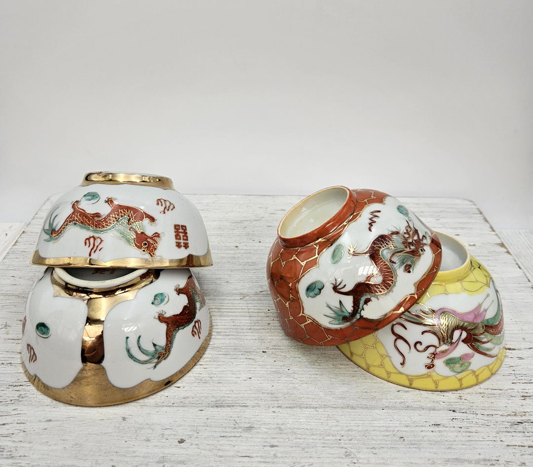 Vintage Set of 2 Chinese Soup Bowl,red Dragon Chinese Noodle Soup Bowl ...