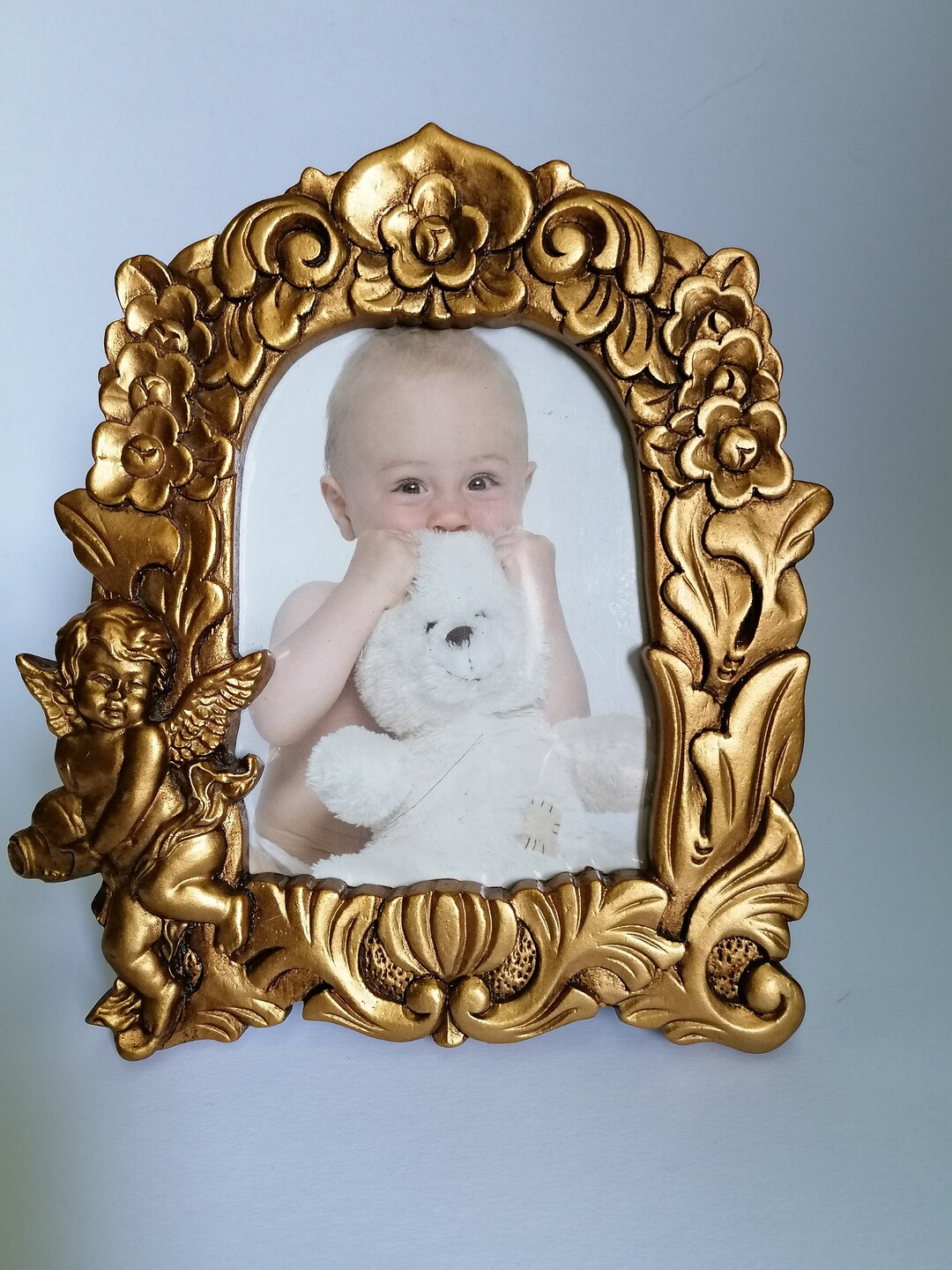 Frame With Angel, Vintage Floral Decorated Picture Frame, Gold Colour ...