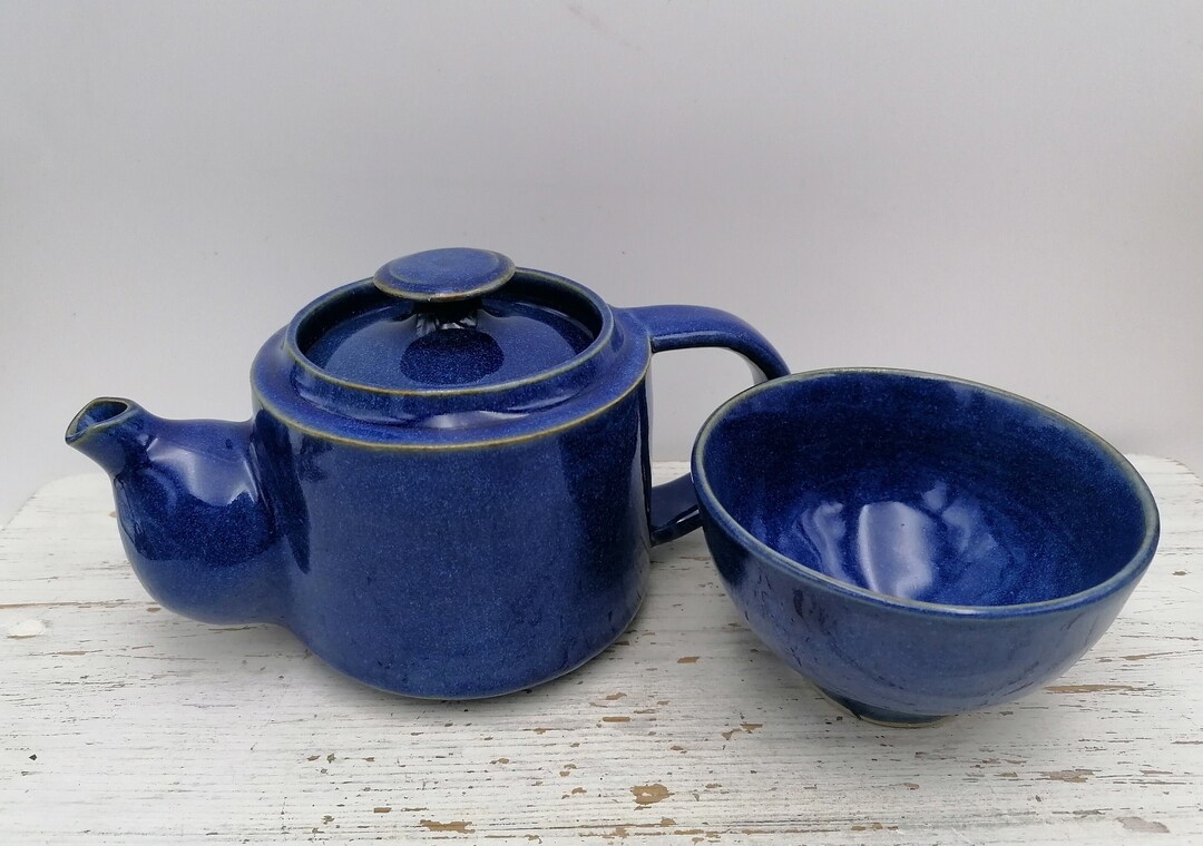 Vintage Ceramic Blue Teapot With Cup, Blue Ceramic Teapot, Blue Kitchen ...